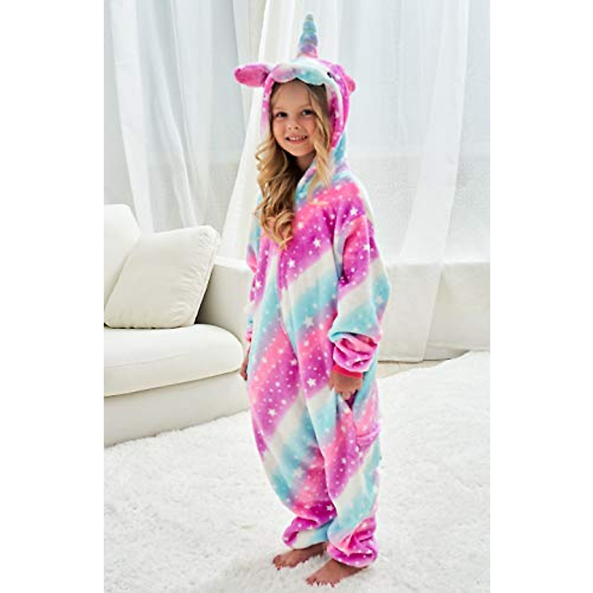 CHETOSHO Girls Unicorn Onesie Hooded Animal Costume for Girls Oblique stripe starry pink 3-4 Years