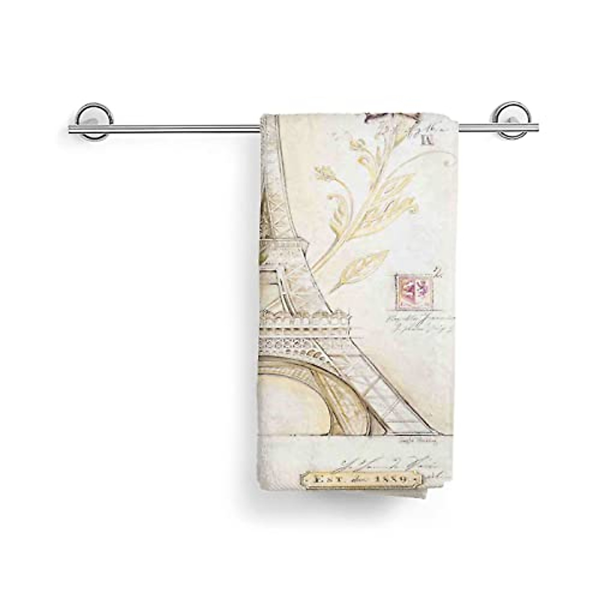 QICENIT Vintage Letter Paris Eiffel Tower with Flower and Butterfly Hand Towel White Super Soft Plush Highly Absorbent for Bathroom 15.7x27.5In