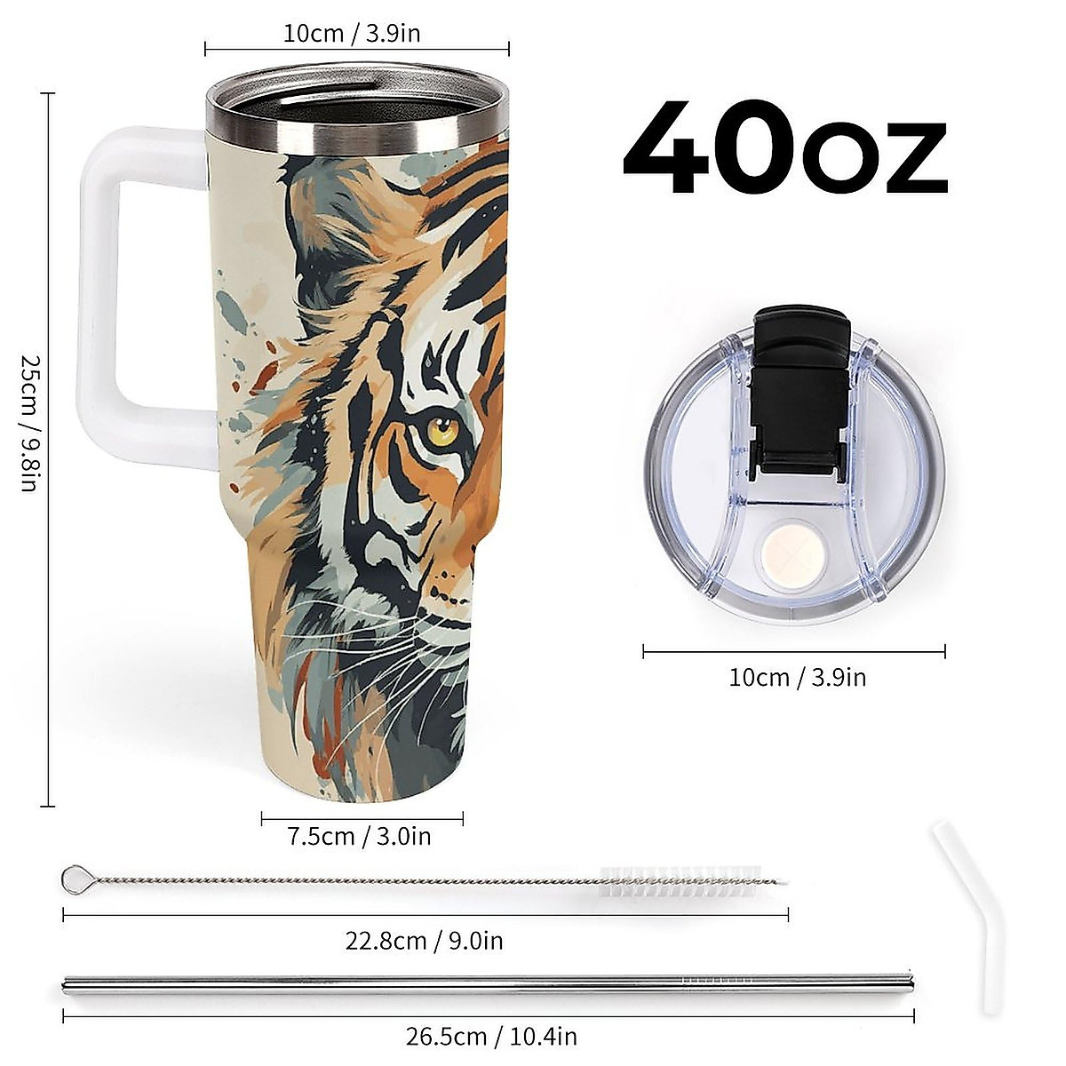 MNVTSKOP 40 Oz Tumbler With Handle And Straw White Year of The Tiger Tiger Face Printed Stainless Steel Car Cup Coffee Mug Leak Proof Insulated Water Bottle for Travel Camping Gym