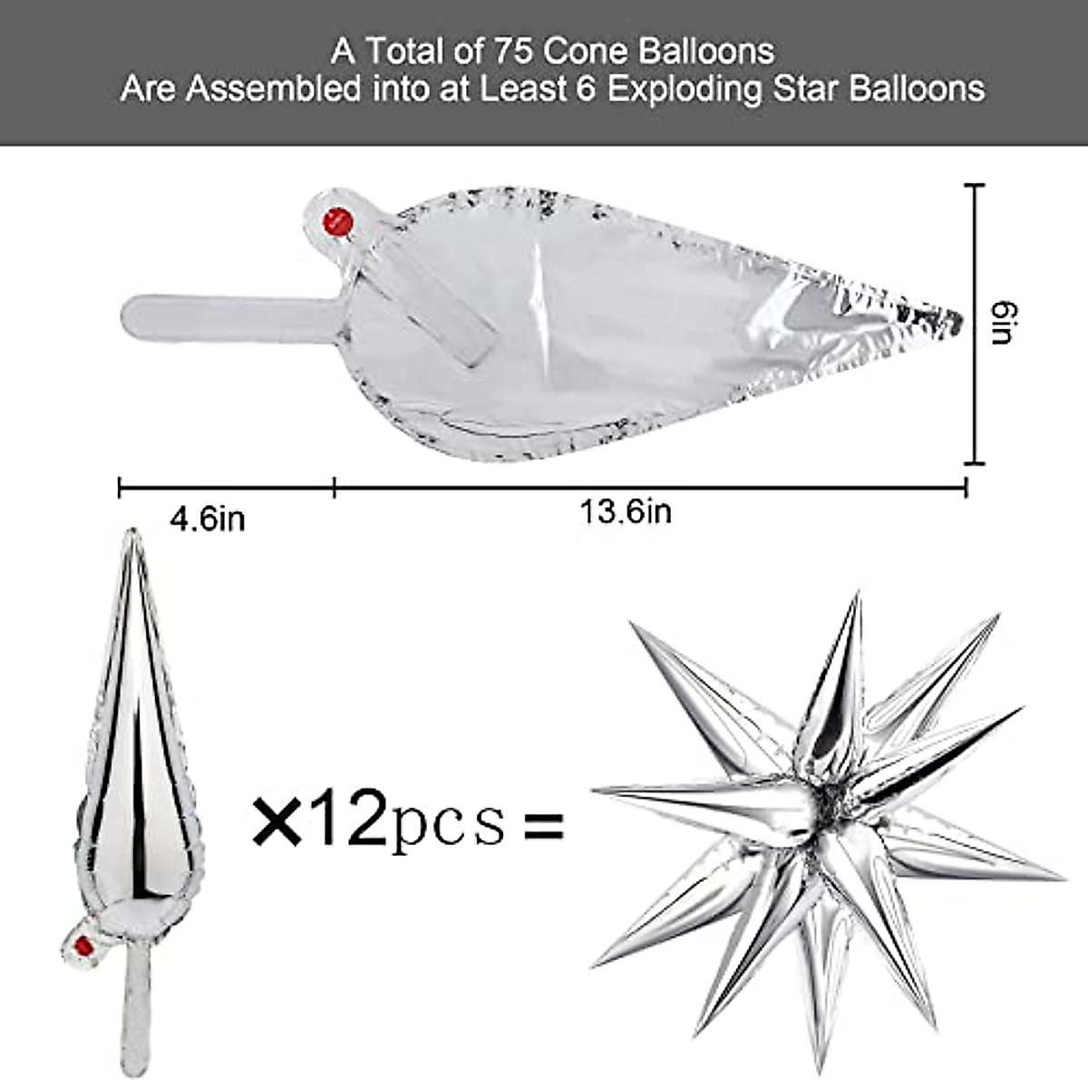 NOVWANG 75 Pcs Explosion Star Foil Balloons 12 Point Silver Starburst Cone Mylar Balloons for Party Supplies Christmas Birthday Wedding Baby Shower Photo Booth (Silver)
