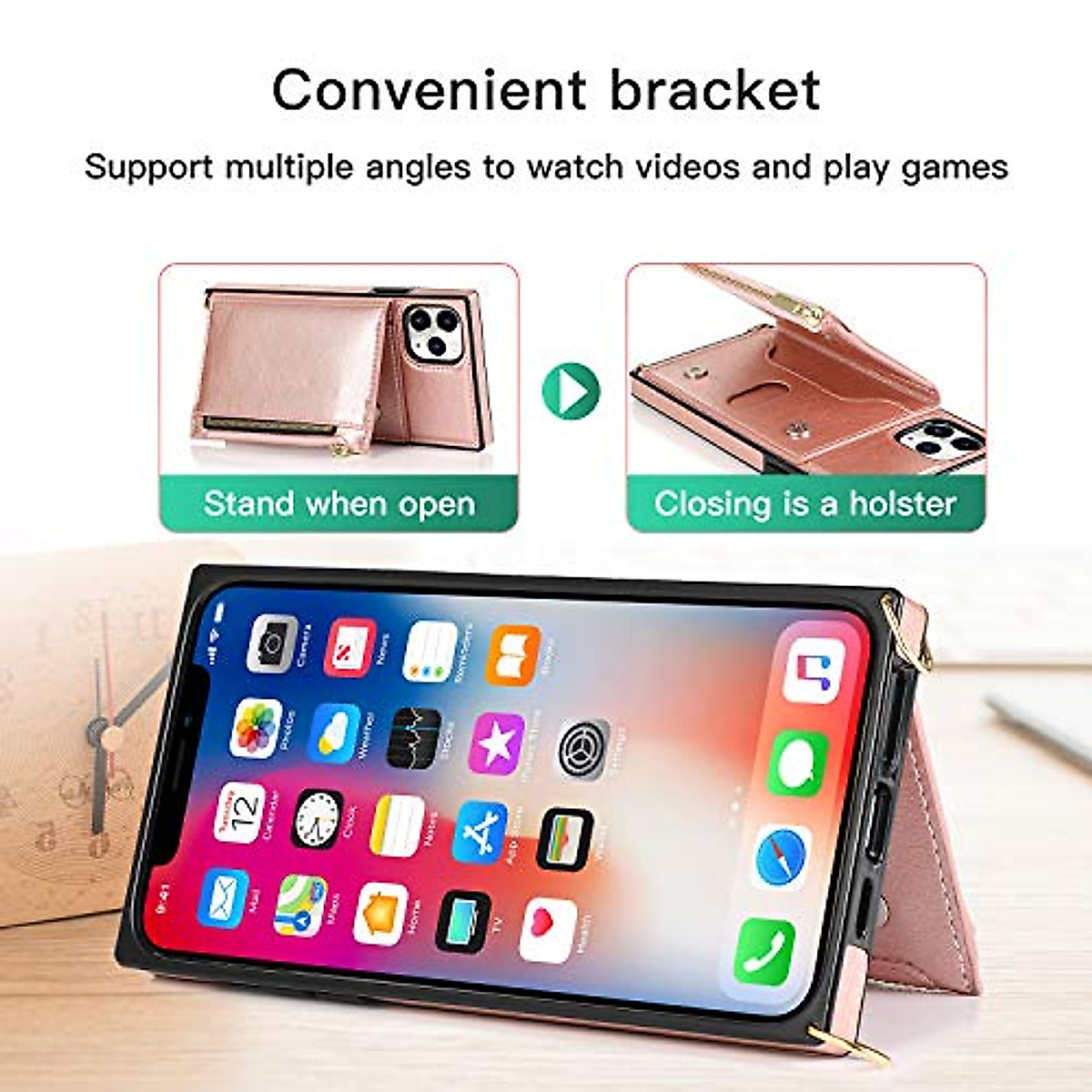 LUVI Compatible with iPhone 12 Pro Max Wallet Case with Crossbody Neck Strap Lanyard Purse Handbag Shoulder Strap Cover with PU Leather Credit ID Card Holder Kickstand Stand Protection Case Rose Gold