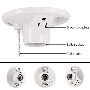 UltraPro Porcelain Light Socket with Outlet and Pull Chain Light Fixture, Light Bulb Socket, Medium Base, Grounded Plug, Indoor Lighting, Mount on 3-1/4€ or 4€ Box, UL Listed, White, 18305,1-Pack