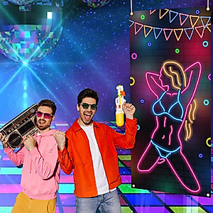 Neon Hot Sexy Girl Dancing Backdrop Pole Dance Banner Bridal Shower Wedding Night Bachelorette Party Front Door Decor Girls Women Birthday Party Photo Photography Prop Background 35.4x72.8in-BECKTEN