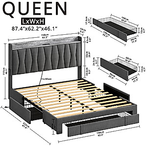 ANCTOR Queen Size Bed Frame with Storage Headboard and Charging Station, Upholstered Platform Bed with 3 Drawers, No Box Spring Needed, Easy Assembly, Grey