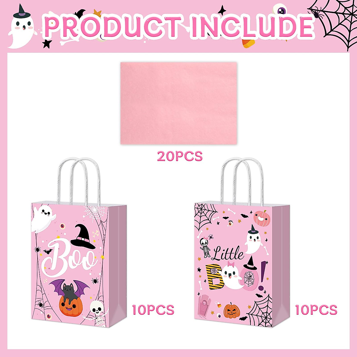 HABDJILTY 20PCS Pink Halloween Party Gift Bags,Little Boo Halloween Candy Treat Bags with Tissue Paper for Boo Theme Birthday Baby Shower Party Favor Supplies Gifts.