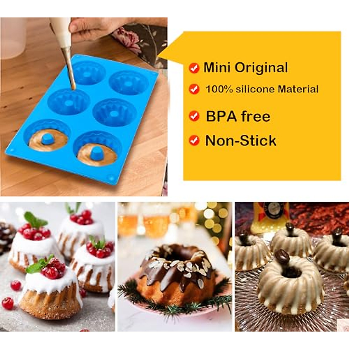 Sidosir Mini Fluted Tube Cake Pan, 6Cavity Heritage Fluted Tube Cake Silicone Mold for Baking,Non Stick Fancy Molds for Fluted Tube Cake (Fluted Tube)