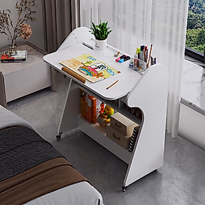 Pmnianhua Portable Mobile Desk on Wheels with Adjustable Angle Taletop,Home Office Desk,Rolling Computer Desk with Wheels and Storage for Home Office Small Space(White)