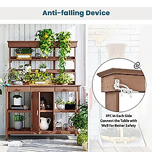 Polibi Potting Bench Table with 4 Open Shelves and 2 Drawers, 66" Large Farmhouse Wooden Outdoor Patio Workstation, Garden Potting Bench with Cabinet for Backyard, Mudroom (Brown)