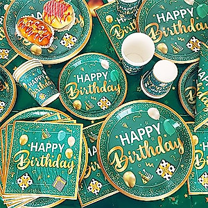 XFongFron Teal and Gold Happy Birthday Decorations Birthday Party Disposable Tableware with Teal Gold Plates Napkins Cups and Tablecloth for 30 Guests
