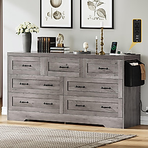 DWVO Grey 7 Drawer Dresser, 59" W Large Vintage Double Dresser Chest of Drawers with Charging Station and Side Organizer Bag, Wood Storage Dresser with Retro Metal Handle for 300lbs for Hallway