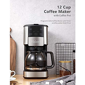 Programmable Coffee Maker, 12 Cups Coffee Pot with Timer and Glass Carafe, Brew Strength Control, Keep Warming, Mid-Brew Pause, Coffee Machine with Permanent Coffee Filter Basket, Anti-Drip System