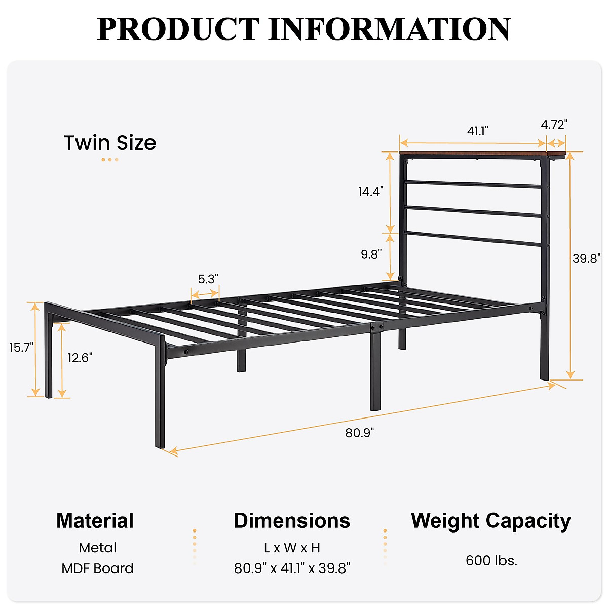 SHA CERLIN Twin Size Bed Frame with Headboard Shelf and Strong Metal Foundation, No Box Spring Needed, Brown