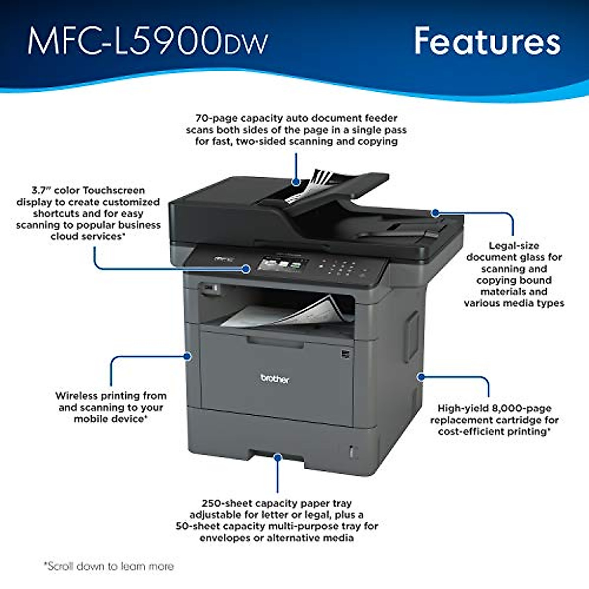 Brother MFCL5900DW Business Laser All-in-One with Advanced Duplex and Wireless Networking, Amazon Dash Replenishment Enabled and Brother Printer TN850 High Yield Toner Bundle