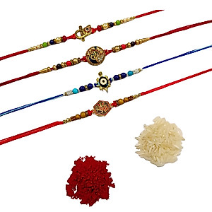 Rakhi for Brother, Bhaiya dooj, Rakshabandhan Rakhi Set of 4 with Red Color Thread Design, Raksha Bandhan Rakhi for Brother