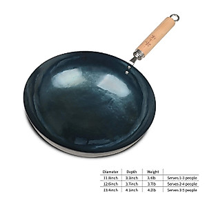 ZhenSanHuan Chinese Hand Hammered Iron Pow Woks and Stir Fry Pans Wooden Handle Round Bottom (30CM, Blue Black -Seasoned)