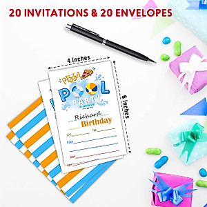 AWSICE Pizza Pool Party Birthday Invitations, Summer Double-Sided Fill-In Invite Cards For Birthday Party, 20 Invitations With Envelopes, Decorations,Party Favor And Supply-A37