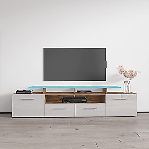 MEBLE FURNITURE & RUGS Evora 76" Wide High Gloss Fronts Matte Body Modern TV Stand (Walnut/White)