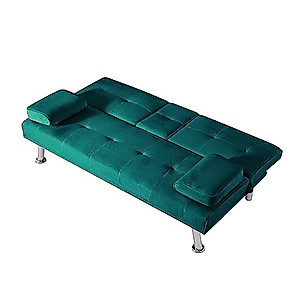 Eafurn Upholstered Futon Sofa Bed with Mattress and Frame, Convertible Loveseat Lounge Couch Daybed,Folding Love Seat w/Adjustable Backrest Sofabed, Green Soft Velvet