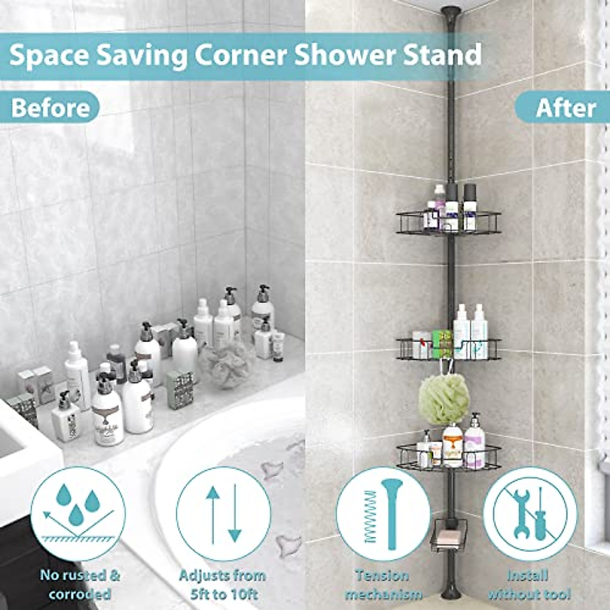 Tension Shower Caddy , Stainless Steel Corner Shower Caddy with Pole Storage Organizer with Rustproof Tension Pole for Bathroom Bathtub Shampoo Soap Plants, 4 Tier Adjustable Shelves, 54 to 125 Inch