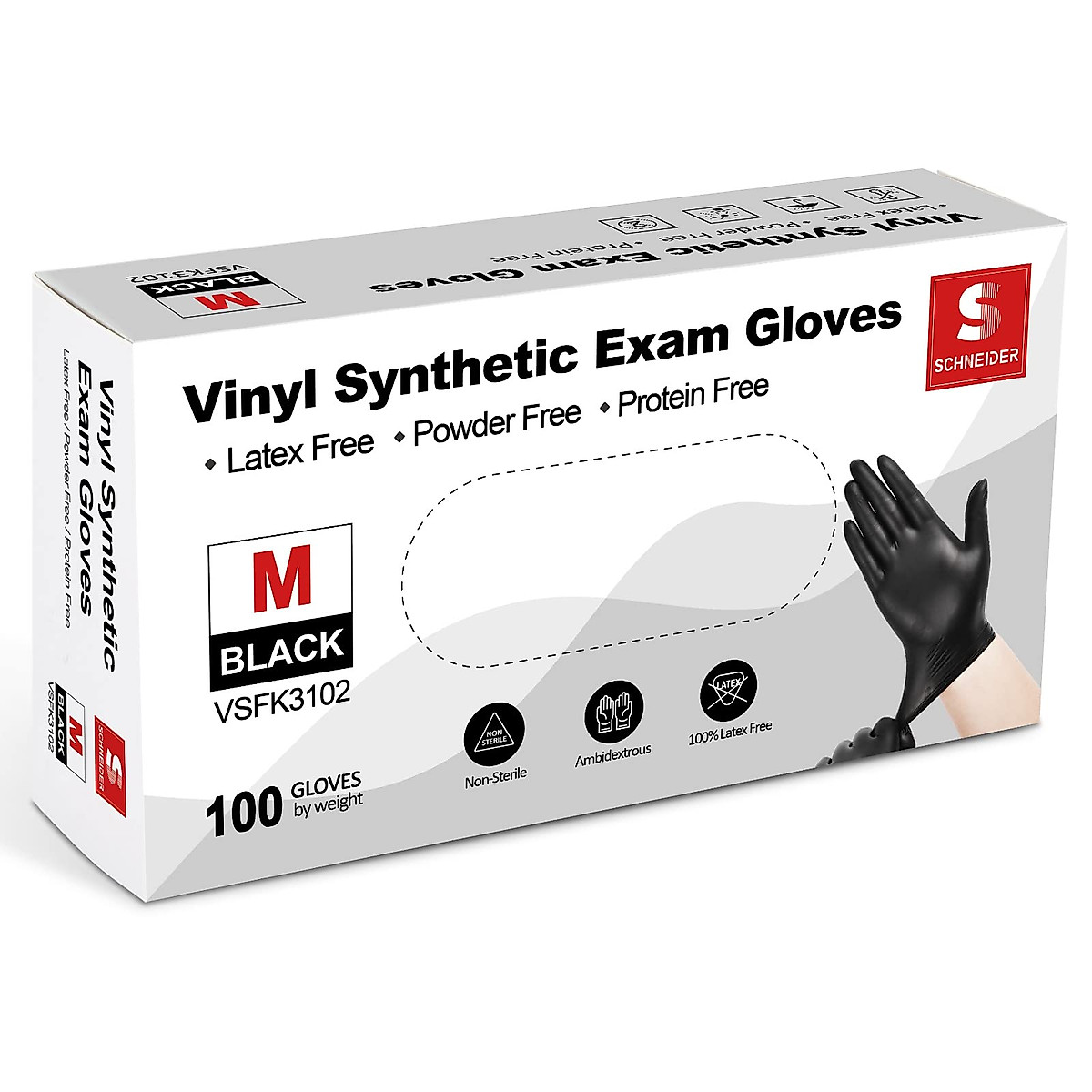 Schneider Black Vinyl Exam Disposable Gloves, 4mil, Latex-Free, Plastic Gloves for Medical, Cooking, Cleaning, and Food Prep, Surgical, Powder-Free, Non-Sterile, 100-ct Box (Small)