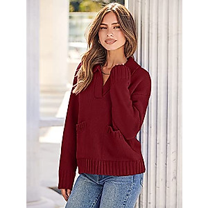 Caracilia V Neck Knit Sweater for Women Ribbed Hem Long Sleeve Pullover Loose Chunky Jumper Tops with Pocket C61A5-qianjiuhong-M Red Wine