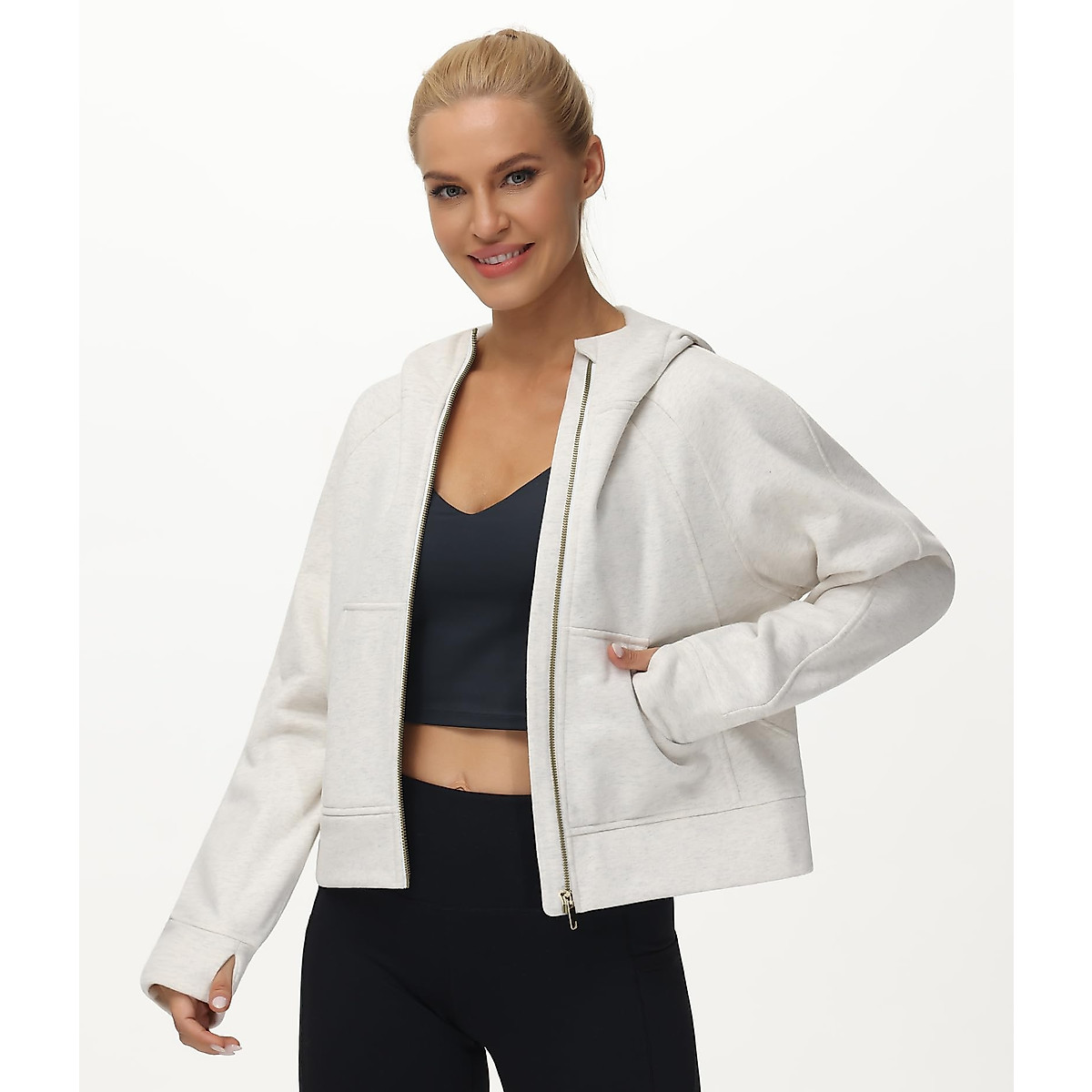 THE GYM PEOPLE Women's Full-Zip Up Hoodies Jacket Fleece Workout Crop Tops Sweatshirts with Pockets Thumb Hole Off-white