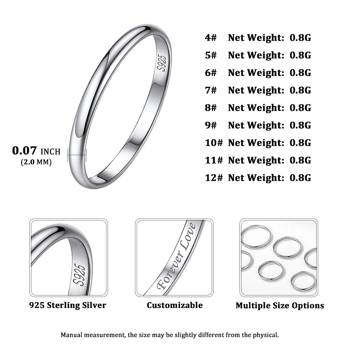 ChicSilver 2mm Silver Rings for Women High Polish Plain Dome Tarnish Resistant Comfort Fit Sterling Silver Promise Rings for Her Size 8