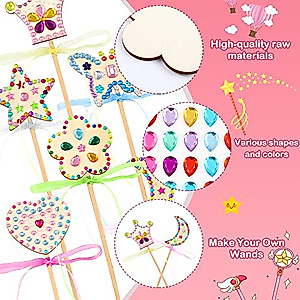 55 Piece Princess Wands Kit Include Wooden Wands for Crafts, Gem Stickers, Ribbons, Foam Princess Tiaras and Wooden Crowns DIY Heart Butterfly Moon Wand Make Your Own Princess Wand for Kid Girl