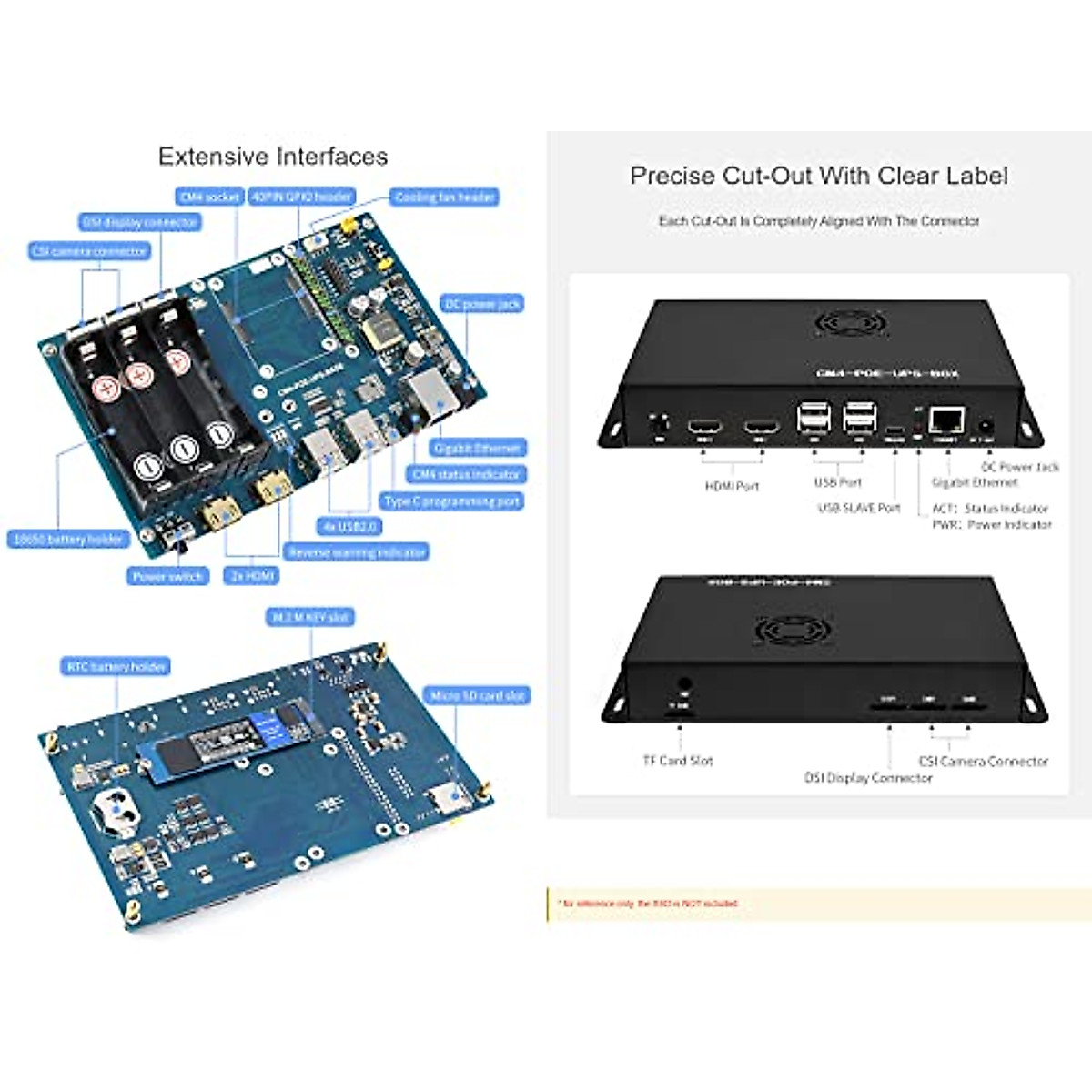 Waveshare PoE UPS Uninterruptible Power Supply Base Board/Mini-Computer Designed for Raspberry Pi Compute Module 4 Gigabit Ethernet Dual HDMI Quad USB2.0
