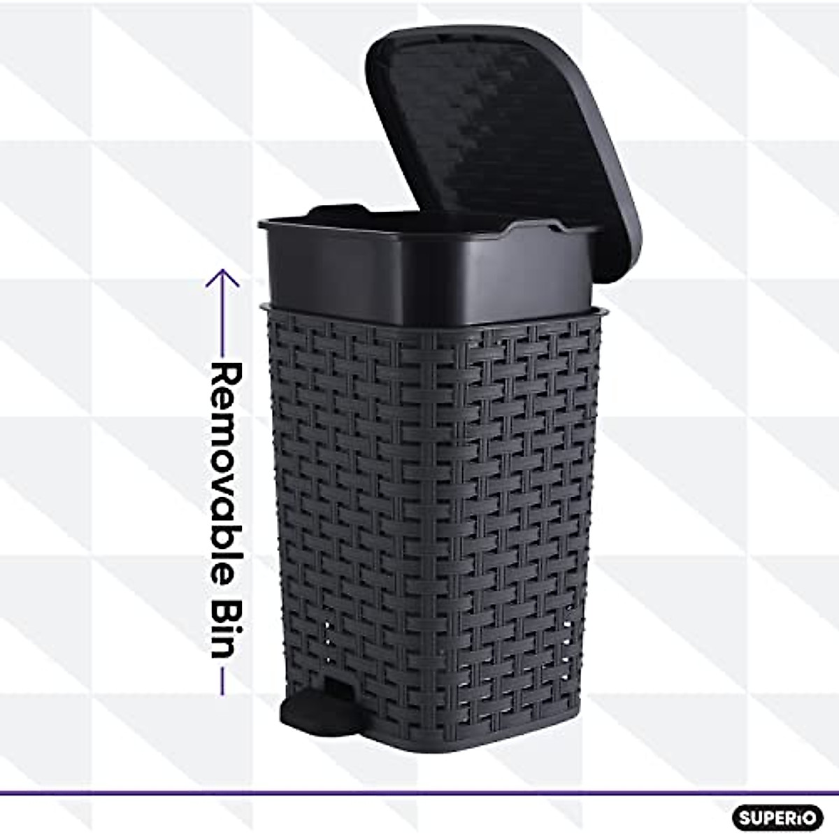 Superio Mini Trash Can with Foot Pedal Small Outdoor Garbage Can with Lid, 3 Gallon Plastic Waste Basket for Bathroom, Bedroom, Kitchen, Office, Patio (Wicker Grey 12 QT.)
