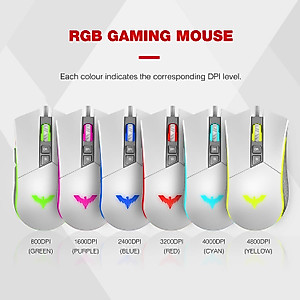 havit Wired RGB Mechanical Gaming Keyboard and Mouse Combo Set UK Layout, Blue Switch Mechanical Keyboard with Detachable Ergonomic Wrist Rest 4800Dots Per Inch Programmable Wired Mouse, White