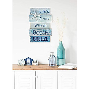 Starfish Beach Sign for Home Decor,Vintage Beach Theme Bathroom Wall Decor Wall Art Plaque with Quote Sayings - Life's at Ease with an Ocean Breeze 11.5" x 17"