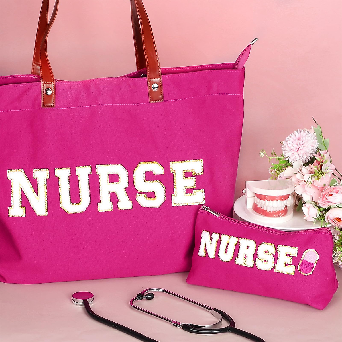 Locmeo 2 Pcs Tote Bag Gift for Teacher Nurse Dance Preppy Makeup Bag Cosmetic Women Chenille Letter School party(Nurse)