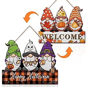 Reversible Thanksgiving Fall Decor/Halloween Decor for Home Indoor Outdoor Fall Gnome Door Decor Porch Hanging Sign Halloween Wooden Signs Decorative Wall Plaque Rustic Front Door Decor