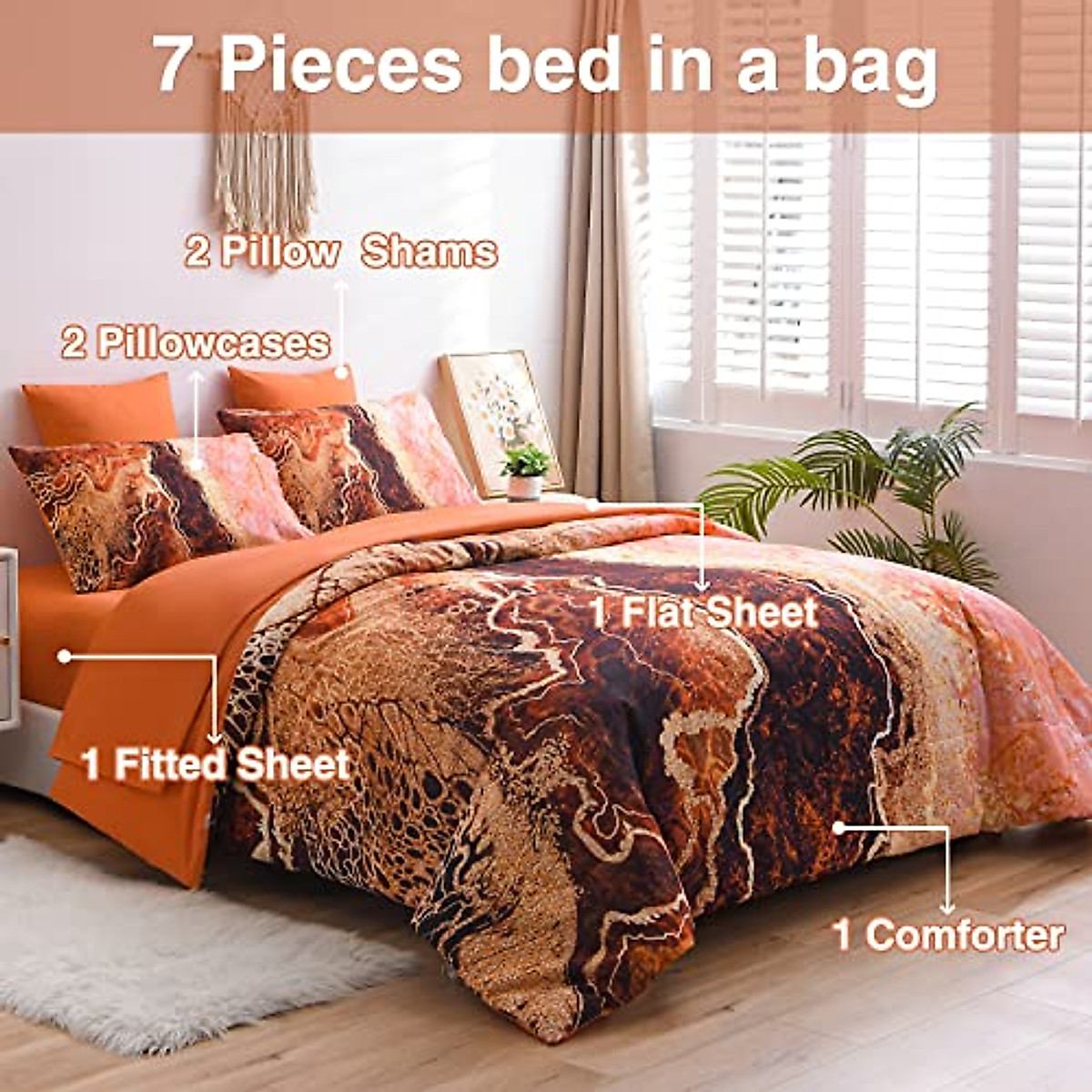 A Nice Night Marble Like Burning Mountain Printed Bedding Set,Retro Style Watercolor Artwork Design,Ultra Soft Comforter Set,7pcs Bed in a Bag,Queen,Orange