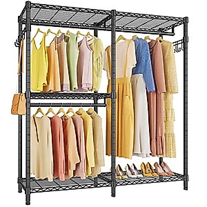 VIPEK V4 Garment Rack Bedroom Armoires Compact Freestanding Closet Storage Organizer, Portable Wardrobe Closet Heavy Duty Clothes Rack Metal Clothing Rack with 3 Hanging Rods & 2 Side Hooks, Black