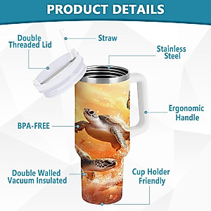 Slewiaeky Tumbler with Handle 40 oz Funny Ocean Turtle Travel Mug with Lid and Straw Butterfly Stainless Steel Vacuum Insulated Water Bottle Cup for Iced Tea Coffee Cold Beverages Cup Holder Friendly
