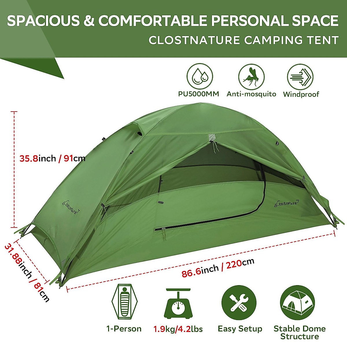 Clostnature Crux 1-Person Tent for Backpacking - Ultralight One Person Backpacking Tent, Hiking Tent for One Man, Solo, Single Person