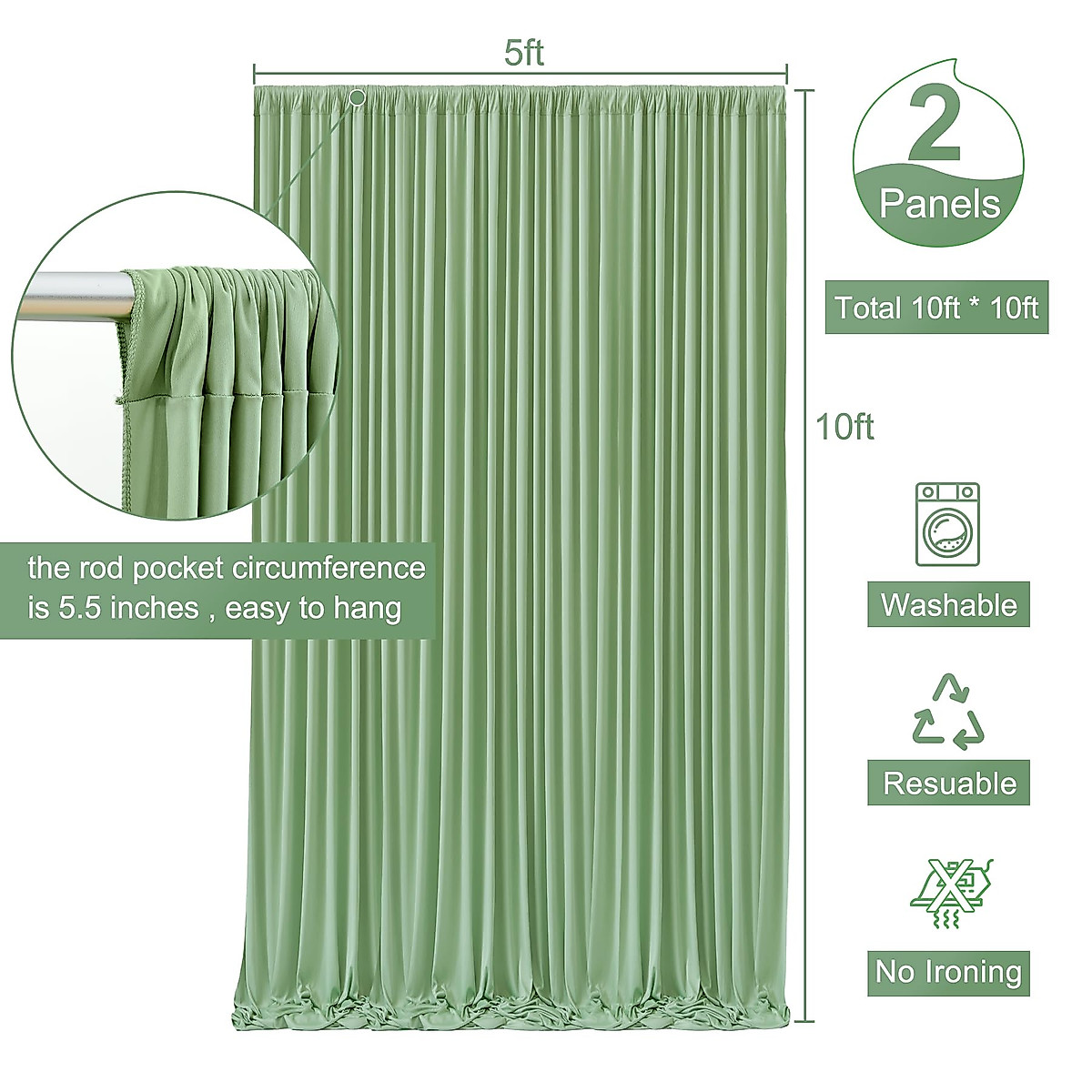 10x10 Sage Green Backdrop Curtain for Parties Wrinkle Free Dark Green Photo Curtains Backdrop Drapes Fabric Decoration for Baby Shower Birthday Party Photography 5ft x 10ft,2 Panels