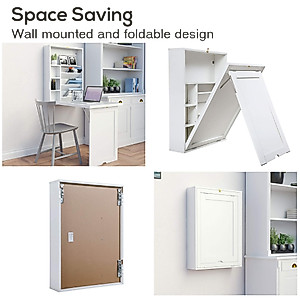 JAXSUNNY Modern Space-Saving Fold Out Compact Wall Mounted Desk Floating Wood Folding Desk Cabinet Writing Desk for Home Office with Multiple Storage Compartments Storage, Laptop Tabletop, White
