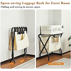 ELYKEN 2 Pack Luggage Rack with Laundry Bag, Guest Room Folding Space Saving Suitcase Holder, Max 110LBS Baggage Shelf with Heavy Duty Nylon Belts, Dirty Clothes Storage for Bedroom Hotel