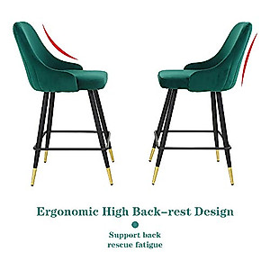 Velvet Counter Stools Set of 2 - Upholstery Barstools Bar Stools Counter Height Stools for Kitchen Island, Modern Bar Chairs Dining Chairs with Back and Arm, Pack of 2 Pieces (Green)