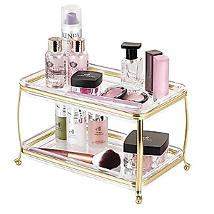 mDesign Decorative Makeup Storage Organizer Vanity Tray for Bathroom Counter Tops, 2 Levels to Hold Makeup Brushes, Eyeshadow Palettes, Lipstick, Perfume and Jewelry - Soft Brass/Clear