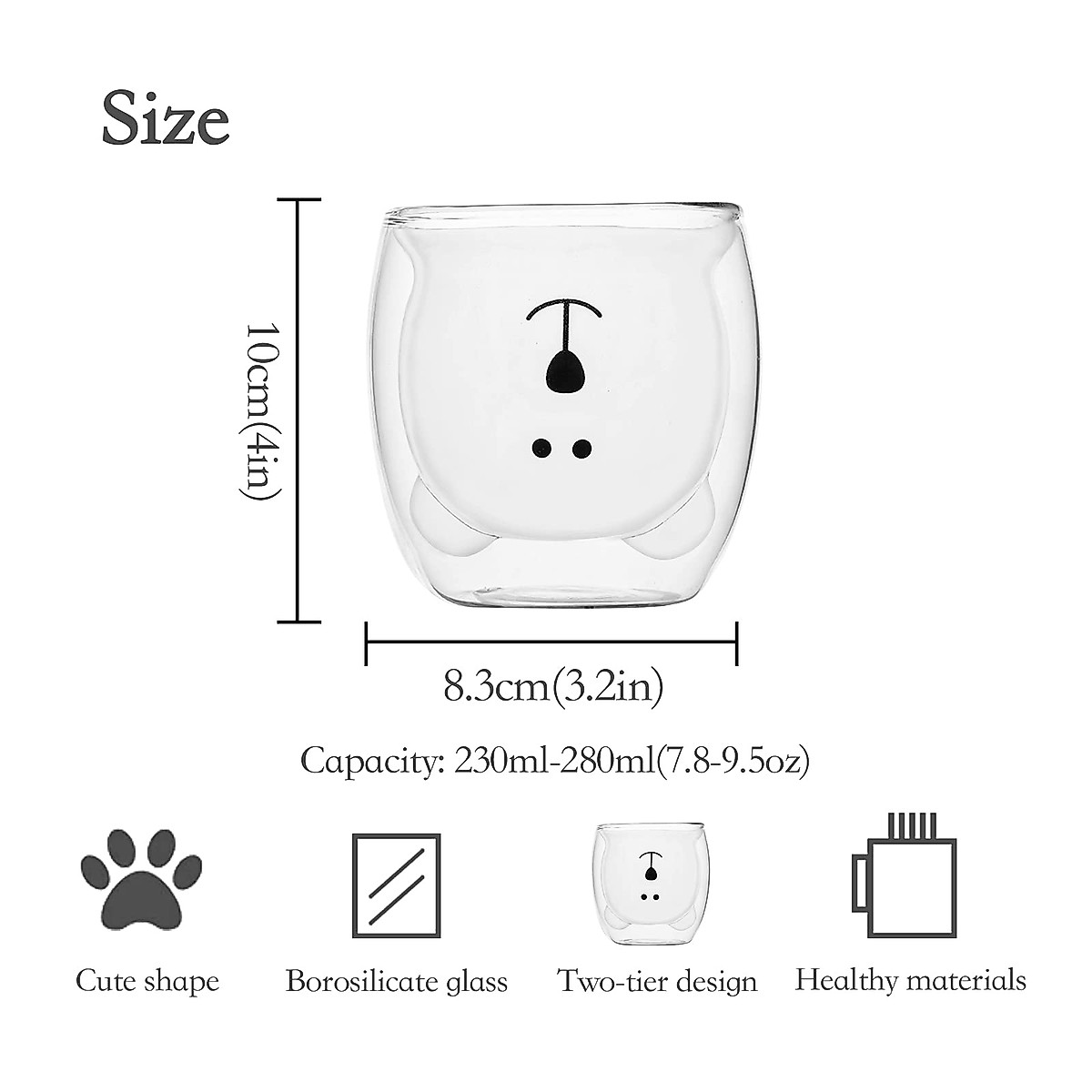 SHENDONG Cute Bear Cups Cute Mugs Bear Tea Coffee Cup Double Wall Insulated Glass Espresso Cups Glass 8.5oz Milk Cup Gift for Personal Birthday Valentine's Day and Office (White Happy Bear)