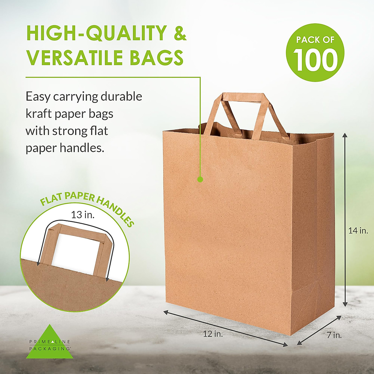 Prime Line Packaging Brown Paper Bags with Handles, Reusable Grocery Tote for Food, Takeout, Delivery, Shopping, Small Business, Bulk, 12x7x14 100 Pack