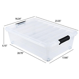 Vababa 25 L Under Bed Clear Plastic Storage Bins with Lid, Set of 4 Wheeled Plastic Storage Box with Latch Handle