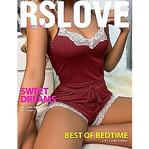 RSLOVE Women's Sexy Pajamas Sets Lace Trim Cami Shorts Sets PJ Set Lounge Set Sleepwear Wine Red Small