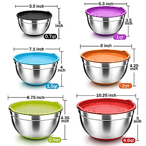 TeamFar Mixing Bowls, Stainless Steel Mixing Bowls with Lids, Nesting Salad Bowls with Air-tight Lids & Non-slip Bottom, Dishwasher Safe & Stackable, Set of 6-4.6/2.6/2 / 1.5/1 / 0.7 Qt