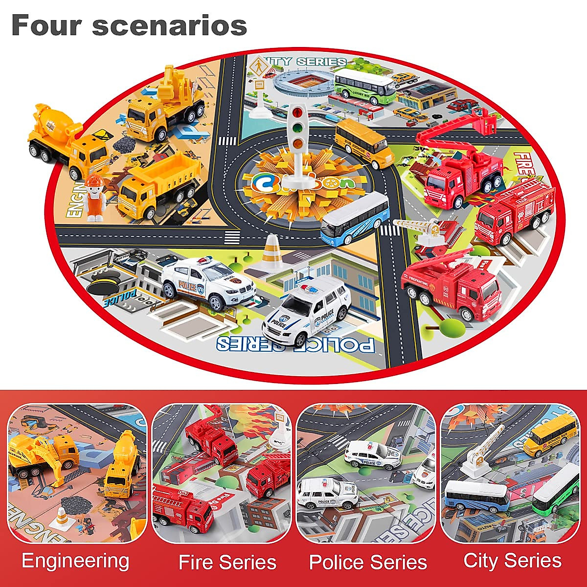 Toddler Toy Cars-Chibon 12pcs Die-Cast Pull Back Car Set with 2 in 1 Collapsible Toy Cars Storage Playmat for Kids,Toddler Truck Toys w/Fire Truck, Excavator，Construction Trucks