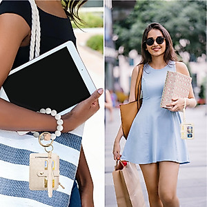 COOLANS Wristlet Bracelet Keychain Pocket Credit Card Holder Purse Tassel Keychain Bangle Key Ring for Women (Silicone Bead Bracelet+Card Purse (Creamy white))